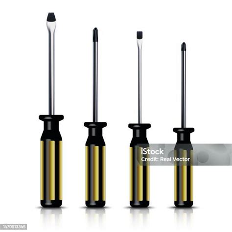 다양한 크기의 현실적인 스크류 드라이버 세트 흰색 배경에 격리 3차원 형태에 대한 스톡 벡터 아트 및 기타 이미지 3차원