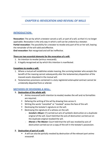 Erf Notes Chapter 6 Erf222 Summaries Chapter 6 Chapter 6 Revocation And Revival Of Wills