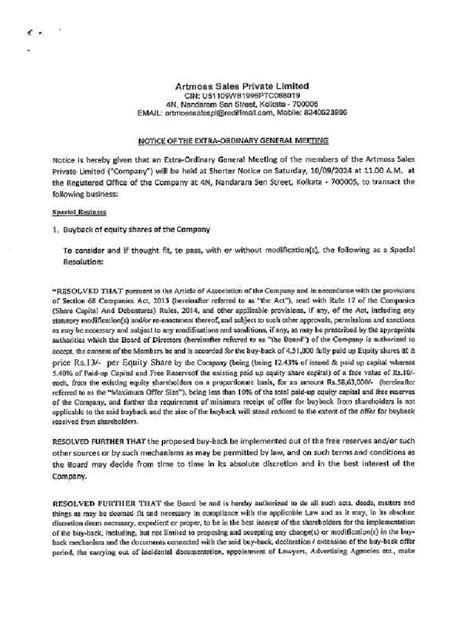 Artmoss Notice Explanatory Statement With Special Resolution 0001 Compressed Pdf
