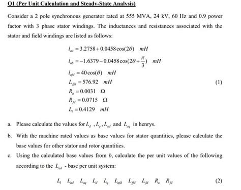 solved 01 per unit calculation and steady state analysis