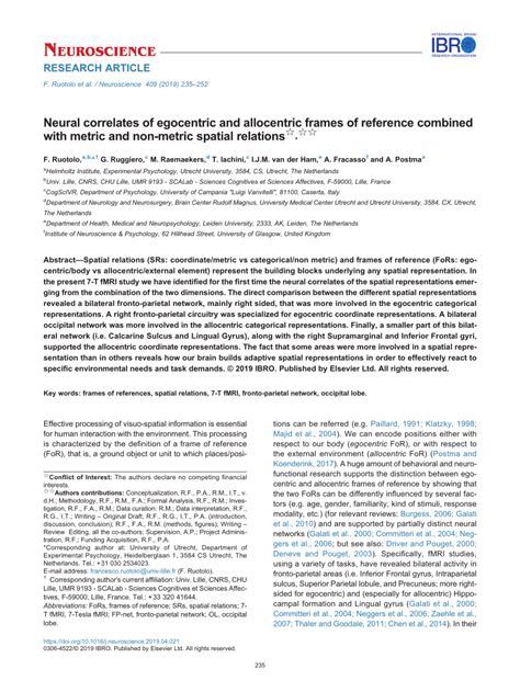Pdf Neural Correlates Of Egocentric And Allocentric Frames Of Reference Combined With Metric