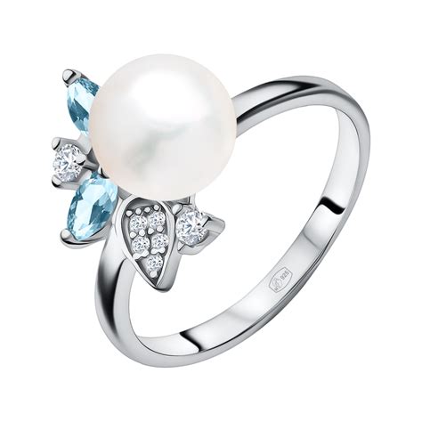 Серебряное кольцо с жемчугом и топазами с фианитами и родированием арт 1784246 купить в