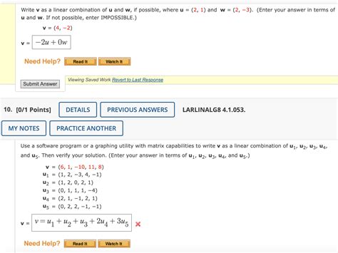 Solved Write V As A Linear Combination Of U And W If Chegg