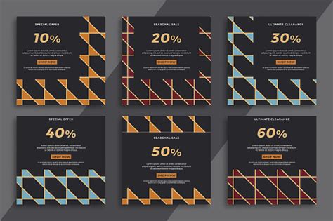 소셜 미디어 모바일 응용 프로그램에 대한 현대 판매 및 할인 프로모션 배경 기하학적 패턴의 어두운 사각형 광고 웹 배너 세트 간단한 벡터 편집 가능한 배경 Eps 10