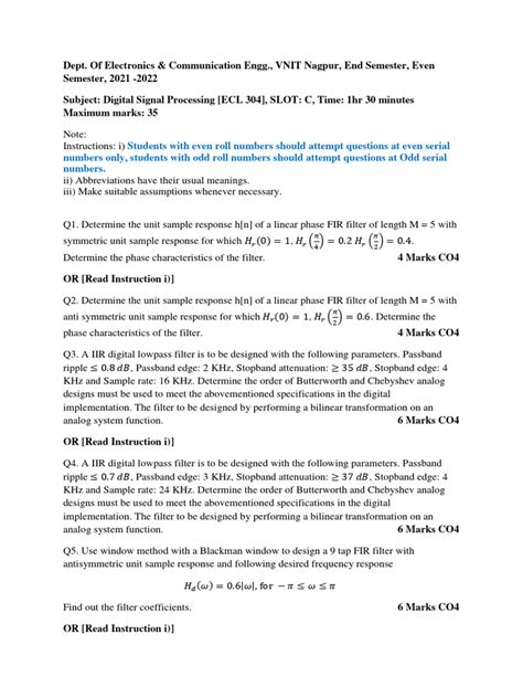 question paper ecl304 dsp pdf filter signal processing
