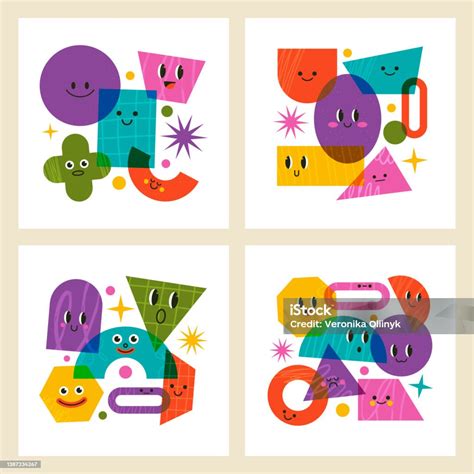 기하학적 만화 낙서 추상적 인 재미있는 문자 포스터 얼굴 감정 일러스트 가 세트 커버와 추상 적 재미 피규어 벡터 만화 기하학적 모양 조성 개념에 대한 스톡 벡터 아트 및
