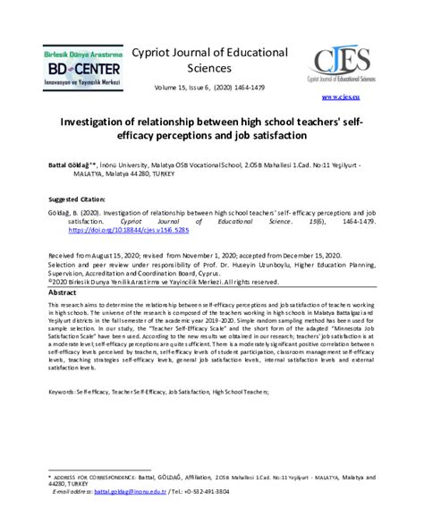 Pdf Investigation Of Relationship Between High School Teachers Selfefficacy Perceptions And