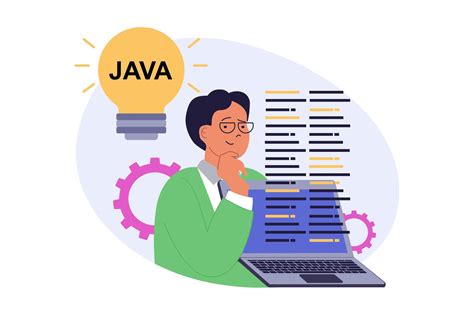 Programming Concept In Modern Flat Design For Web Man Creating Code Working With Java Computer