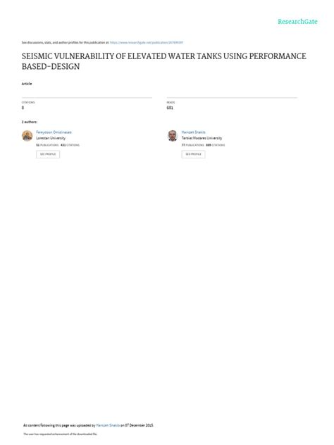 Seismic Vulnerability Of Elevated Water Tanks Usin Pdf