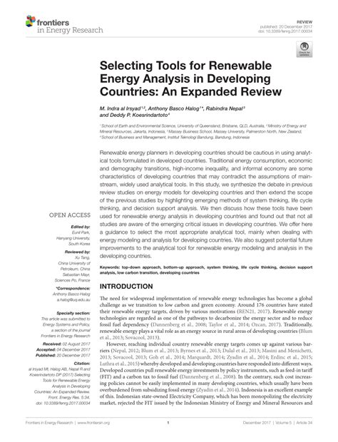 Pdf Selecting Tools For Renewable Energy Analysis In Developing Countries An Expanded Review