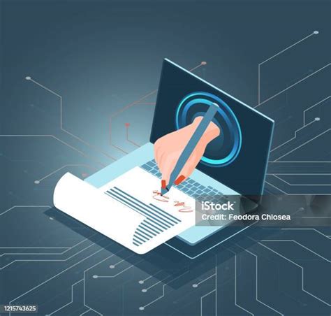 전자 서명 소프트웨어를 통해 문서에 서명하는 사업가의 아이소메트릭 벡터 전자 서명에 대한 스톡 벡터 아트 및 기타 이미지