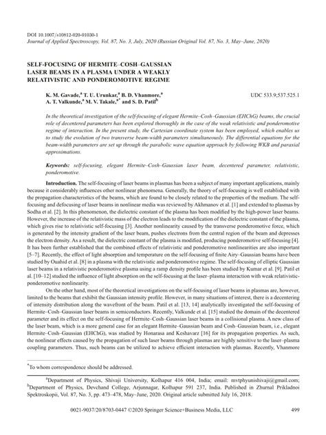 Pdf Self Focusing Of Hermitecoshgaussian Laser Beams In A Plasma