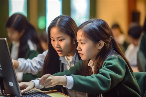 Premium Photo Asian Girls Learning About Computer Science And Programming Through Interactive