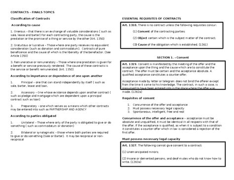 Contracts Finals Topic Contracts Finals Topics Classification Of