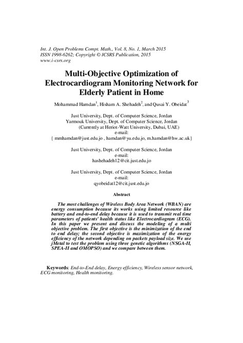 Pdf Multi Objective Optimization Of Electrocardiogram Monitoring Network For Elderly Patient