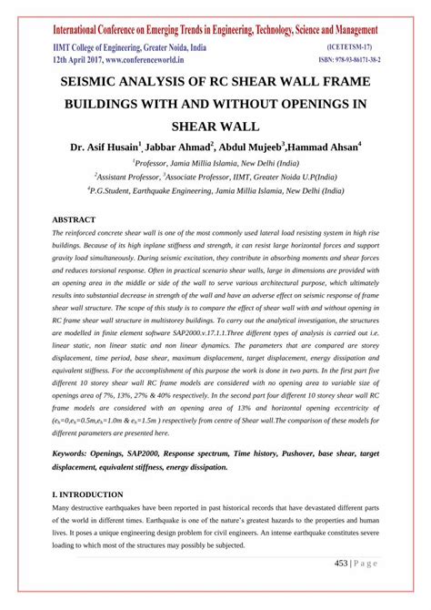 pdf seismic analysis of rc shear wall frame …