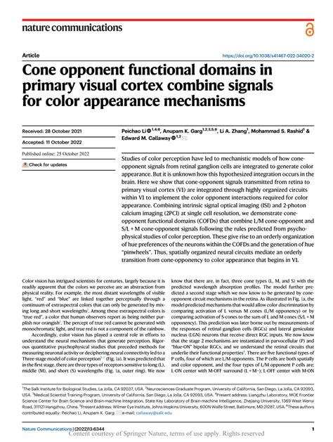 Pdf Cone Opponent Functional Domains In Primary Visual Cortex Combine Signals For Color