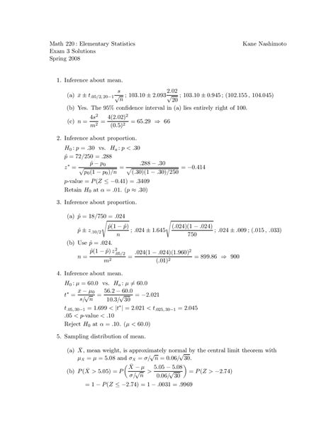 5 Problems On Elementary Statistics Examination 3 Math 220 Docsity