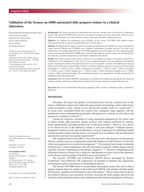 Pdf Validation Of The Sysmex Sp 1000i Automated Slide Preparer Stainer In A Clinical Laboratory