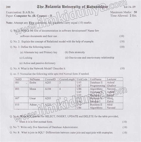 past paper ba bsc combine iub computer b course paper 2 subjective 2019