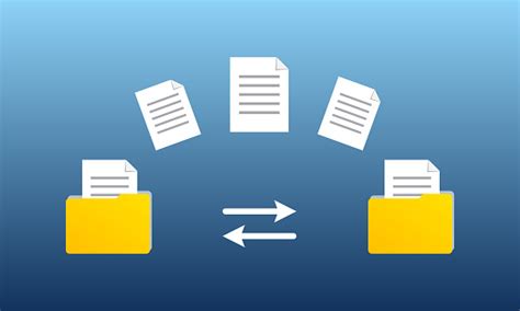 파일 전송 개념입니다 폴더가 있는 두 대의 랩톱 컴퓨터가 문서를 보내고 업로드합니다 파일 복사 데이터 또는 정보 교환 디자인 벡터 그림입니다 공유 개념에 대한 스톡 벡터