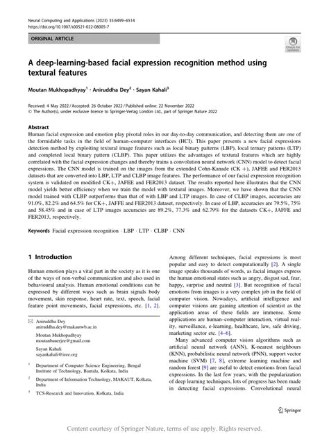 A Deep Learning Based Facial Expression Recognition Method Using Textural Features Request Pdf