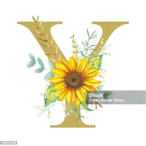 꽃 알파벳 문자 Y 알파벳 문자는 차분한 금색이며 해바라기 유칼립투스 및 다양한 허브의 수채화 꽃으로 장식되어 있습니다 9월에