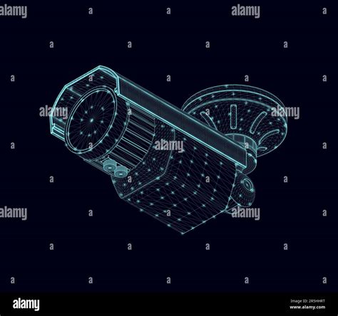 Cctv Camera Wireframe From Blue Lines Isolated On Dark Background Bottom View 3d Vector