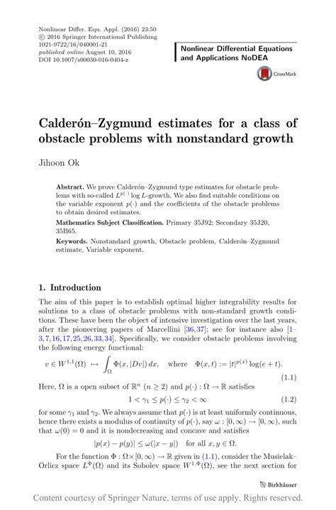 Calderónzygmund Estimates For A Class Of Obstacle Problems With Nonstandard Growth Request Pdf