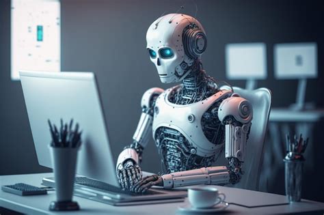 Premium Photo Ai Chatbot Robot Sitting At Desk Using Computer
