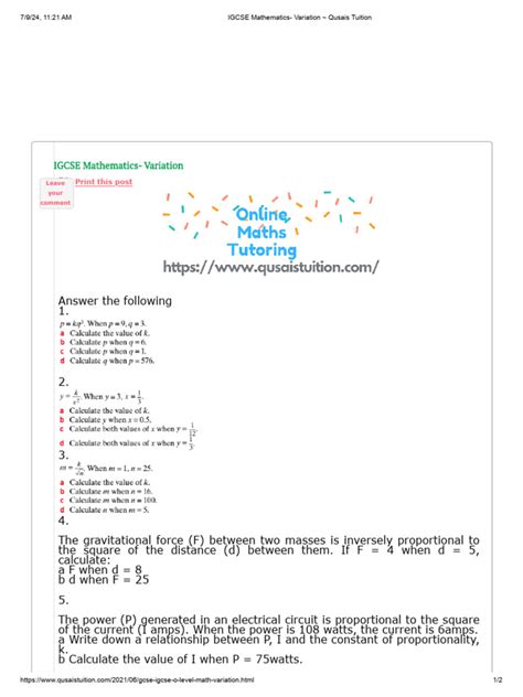 Igcse Mathematics Variation Qusais Tuition Pdf