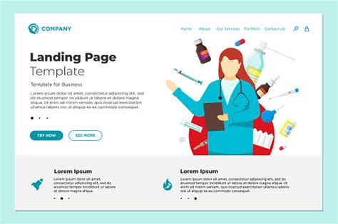 건강 관리 온라인 웹사이트 방문 페이지 디자인 템플릿입니다 의료 인터넷 지원 여성 의사 컨설턴트 및 의학 알 약 정제 약물 컨설팅 약국 서비스 벡터 일러스트 개념에 대한