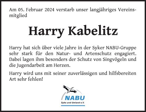 Traueranzeigen Von Harry Kabelitz Trauer And Gedenken