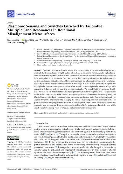 Pdf Plasmonic Sensing And Switches Enriched By Tailorable Multiple Fano Resonances In