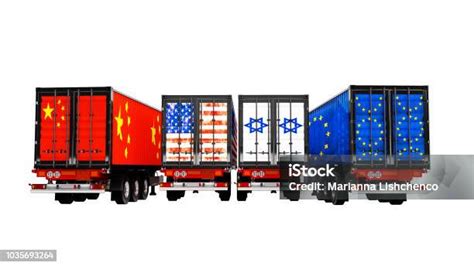 가져오기 및 내보내기 컨테이너 트레일러 화이트에서 세계 3d 렌더링의 국가 의해 상품의 배경 그림자 0명에 대한 스톡 사진 및 기타 이미지 Istock