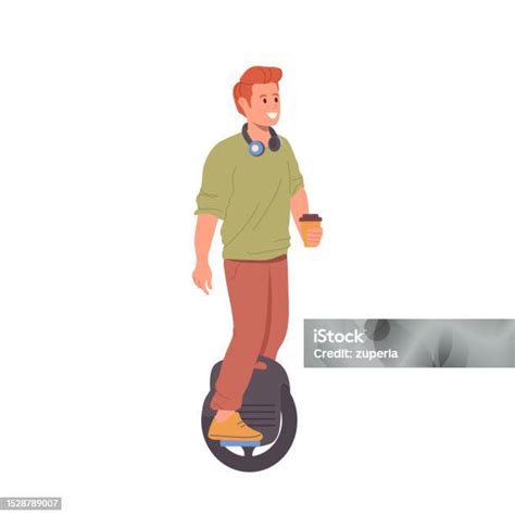 행복 한 힙 스터 십대 소년 모노 사이클 전기 자기 균형 스쿠터를 타고 흰색에 고립 킥보드에 대한 스톡 벡터 아트 및 기타