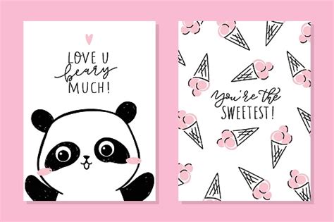 작은 팬더 카드 세트 귀여운 팬더 캐릭터와 텍스트 당신이 많이 어리사랑 흩어져있는 아이스크림 일러스트와 문구 당신은 가장 달콤합니다 벡터 만화 예술 사랑에 대한 스톡 벡터