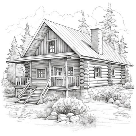 Premium Photo A Drawing Of A Log Cabin With A Porch And Stairs