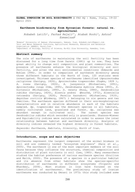 Pdf Earthworm Biodiversity From Hyrcanian Forests Natural Vs Agricultural