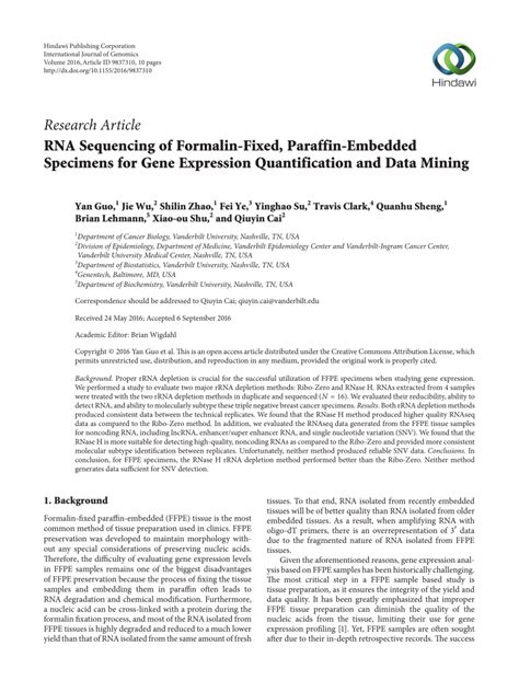 Pdf Rna Sequencing Of Formalin Fixed Paraffin Embedded Specimens For Gene Expression