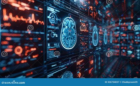 Futuristic Interface With Multiple Displays Showcasing Advanced Brain Scan Images And Neurology