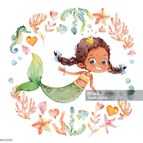 바다 요소 바다 말 산호 거품 조개 앵커 해초의 프레임에 둘러싸인 귀여운 아프리카 계 미국인 수채화 인어 오션 키트 젊은 수중 여자 님프 은혜 신화 공주 0명에 대한 스톡
