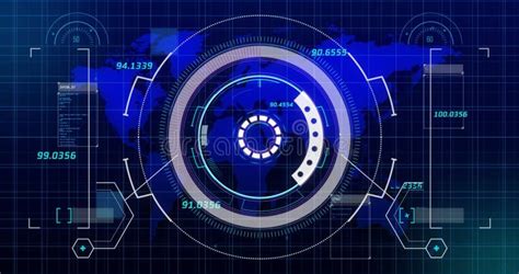 animation of data processing and scope scanning over world map stock