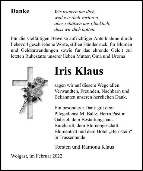 Traueranzeigen Von Iris Klaus Trauer Anzeigen De