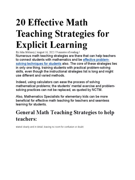 20 Effective Math Teaching Strategies For Explicit Learning Pdf Teaching Mathematics Teachers