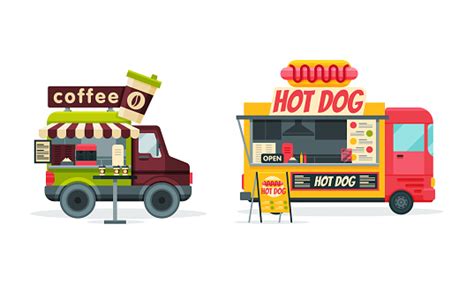 길거리 스낵 레스토랑 벡터 세트로 커피와 핫도그를 판매하는 바퀴 달린 푸드 트럭 거리에 대한 스톡 벡터 아트 및 기타 이미지 거리 교통수단 구매 Istock