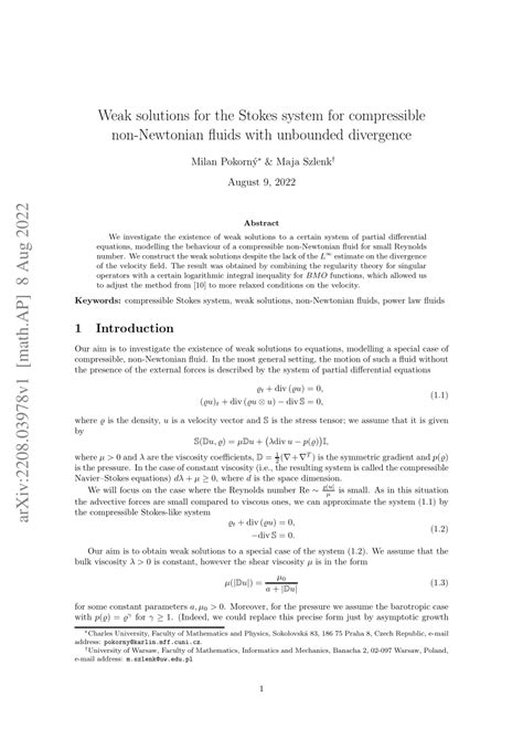 Pdf Weak Solutions For The Stokes System For Compressible Non Newtonian Fluids With Unbounded