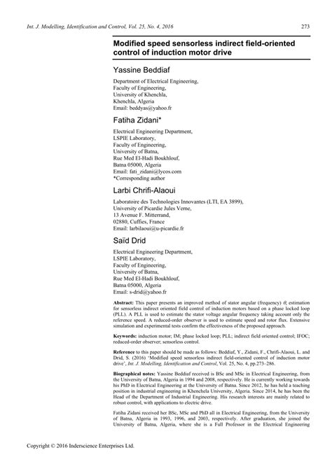 pdf modified speed sensorless indirect field orientedof induction