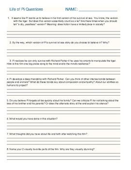 Life Of Pi Discussion Questions By TeachingWithFilm TPT