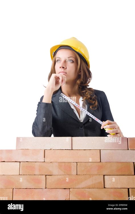 Woman Builder Measuring Isolated On The White Stock Photo Alamy